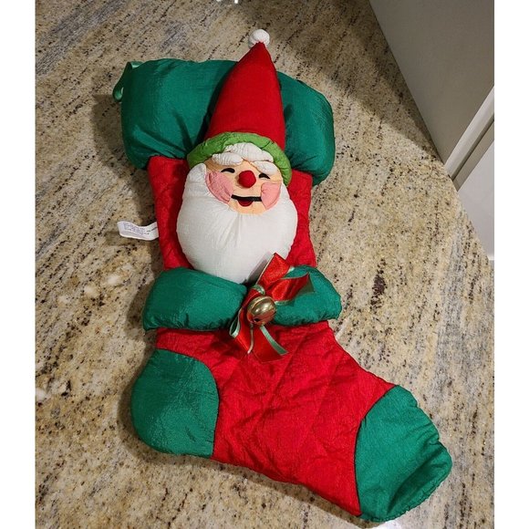 Holiday | Vintage Nylon Puffy Santa Claus Christmas Stocking 18 Green ...